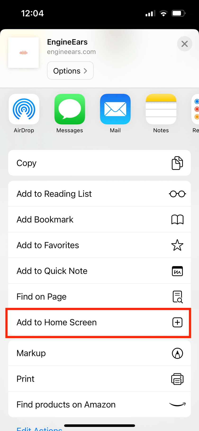 How do I add EngineEars.com as a shortcut to the home screen on my mobile device?
