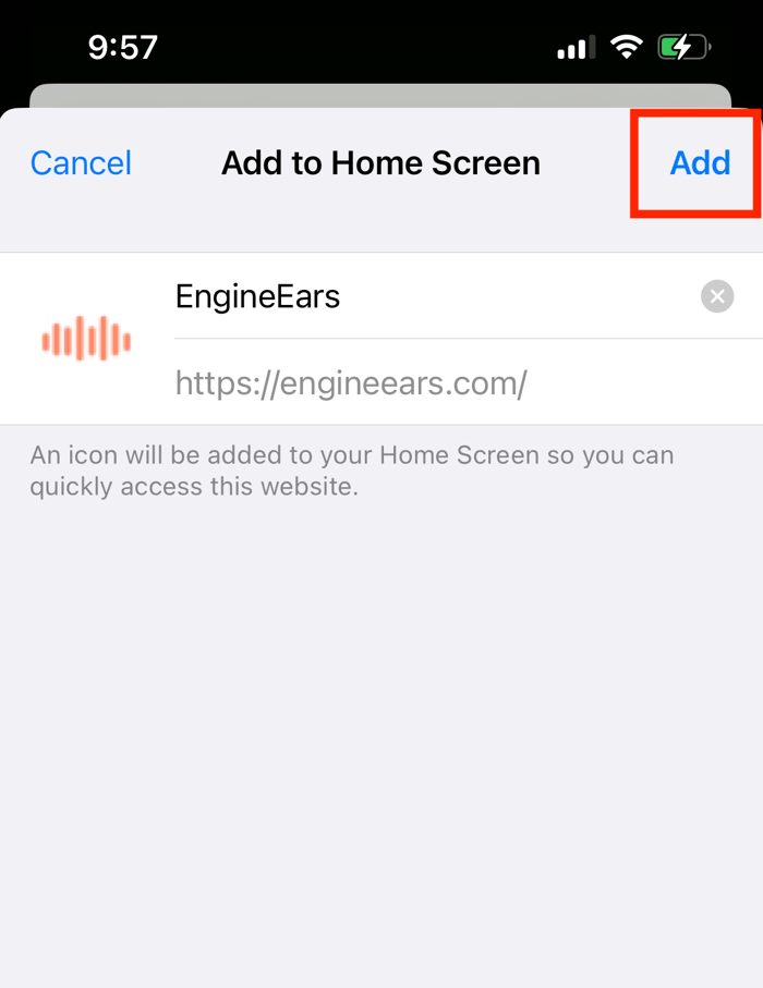 How do I add EngineEars.com as a shortcut to the home screen on my mobile device?